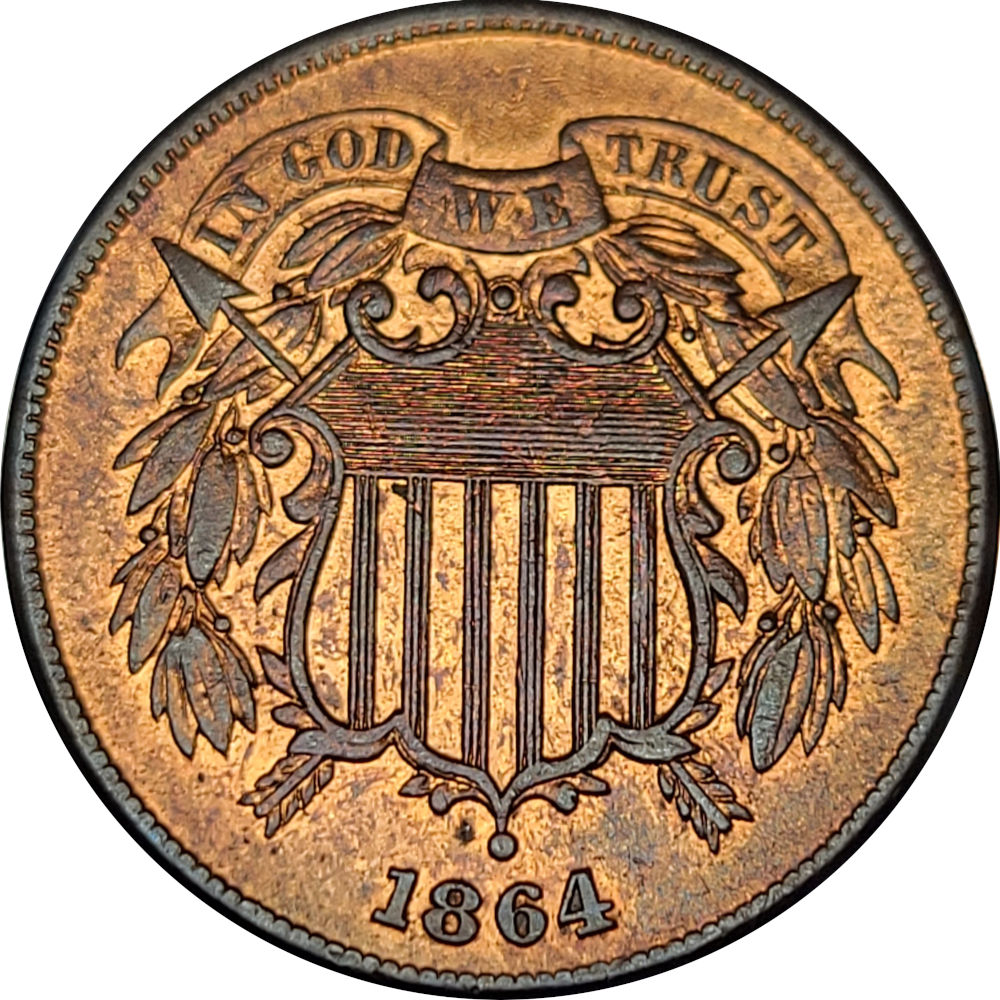 1864 2c Two Cent Copper Large Motto - Nummum Coins